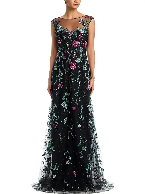 Rickie Freeman For Teri Jon Embroidered Tulle Cap Sleeve Fit And Flare Gown - Black Multi