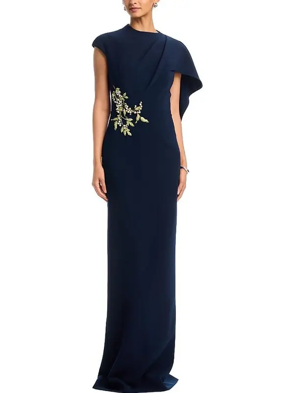 Rickie Freeman For Teri Jon Asymmetrical Capelet Gown With Pearl Applique - Navy