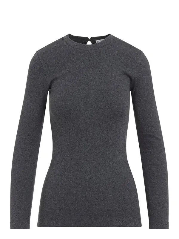 Brunello Cucinelli Long Sleeve Ribbed T-shirt With Monili Trim - Gray
