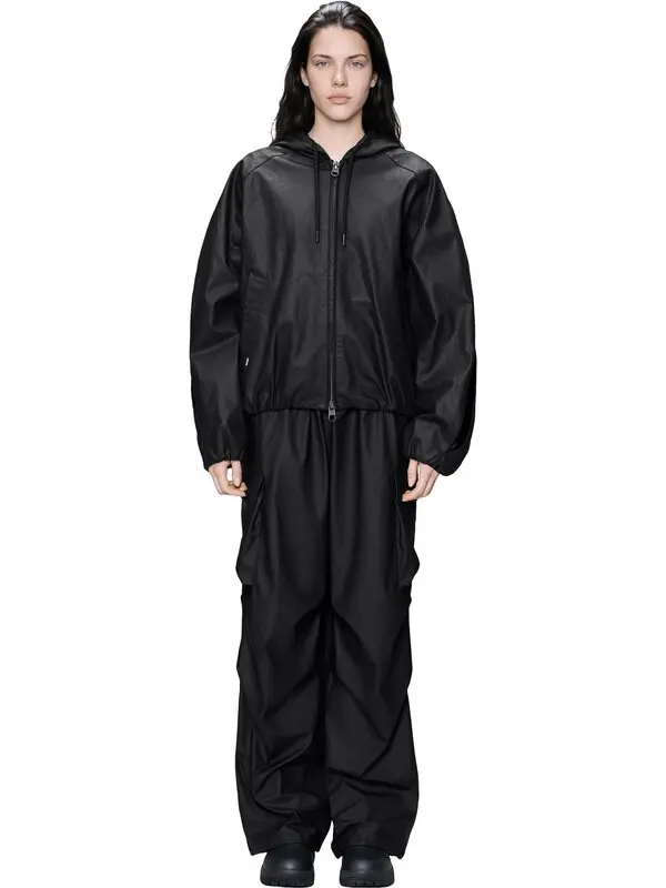 Rains Heavy Woven Jacket With Drawstring Hood And Pleated Sleeves - Black