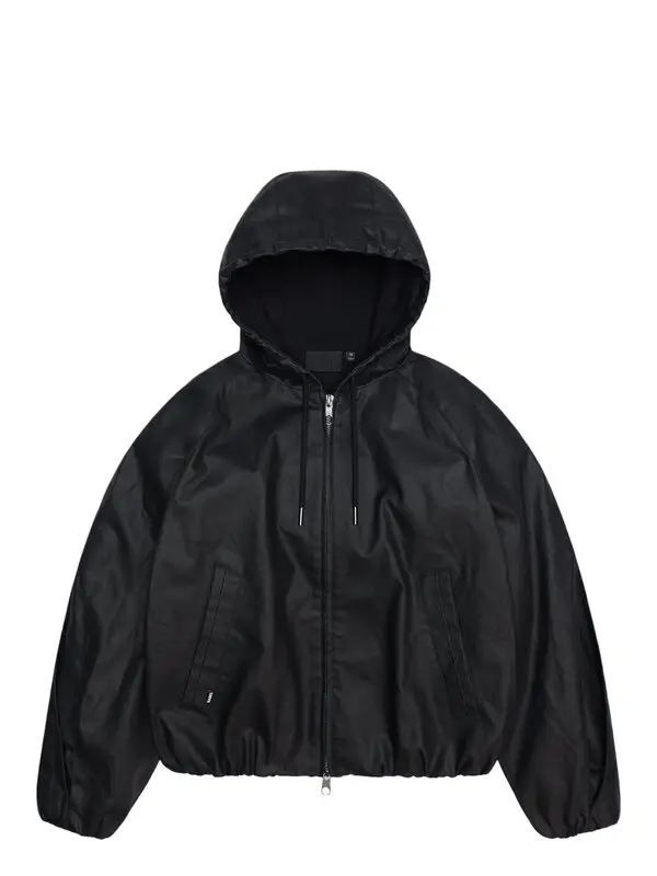 Rains Heavy Woven Jacket With Drawstring Hood And Pleated Sleeves - Black