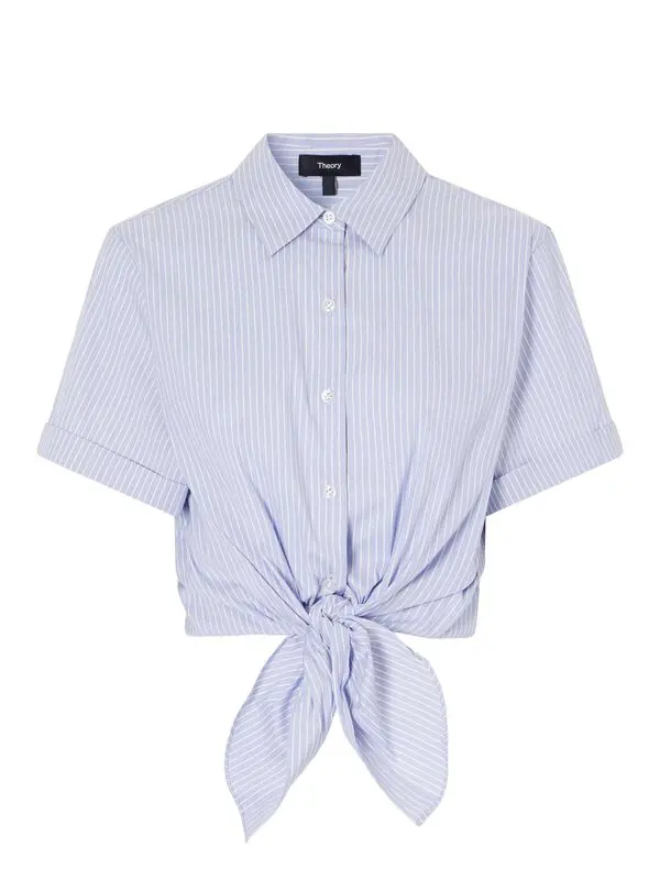 Theory Cropped Striped Cotton-blend Poplin Shirt With Front Tie Detail - Light Blue