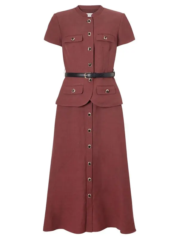 SELF-PORTRAIT Belted Peplum Midi Dress - Brown