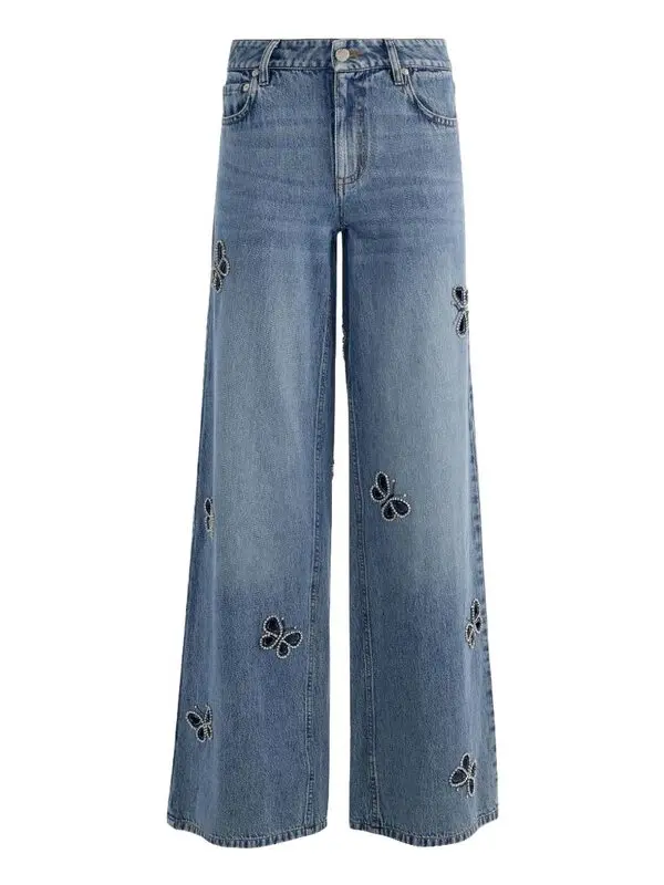 Alice + Olivia Embellished Wide Leg Jeans - Blue