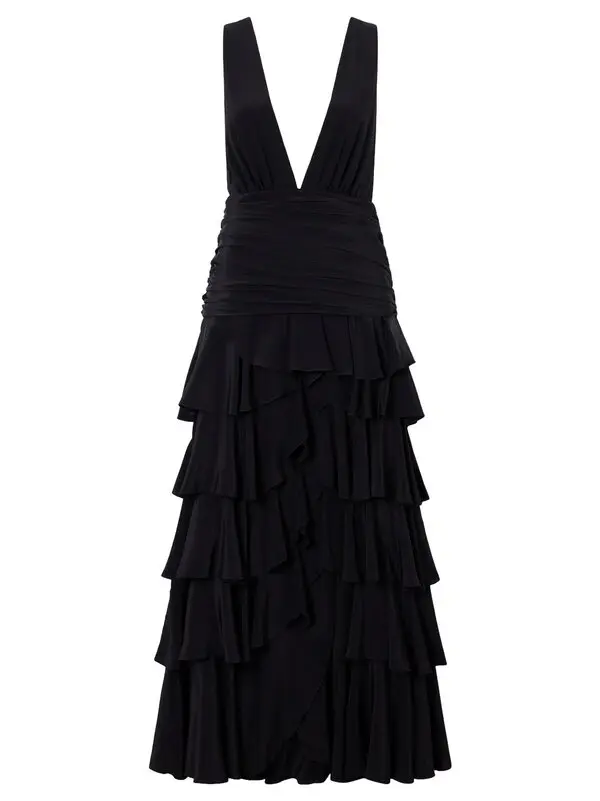 Johanna Ortiz A Map Of Gentle Winds" Tiered Ruffled Silk-crepe Maxi Dress - Black