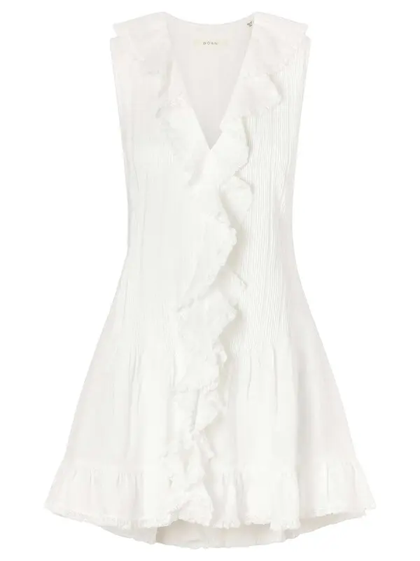 DÔEN Henrietta Ruffled Embroidered Ramie Mini Dress - White