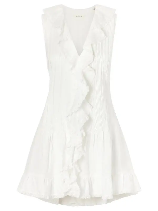 DÔEN Henrietta Ruffled Embroidered Ramie Mini Dress - White