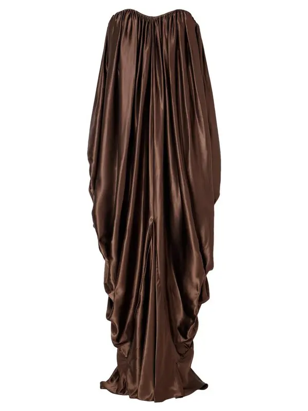 ABADIA Draped Strapless Satin Gown - Brown