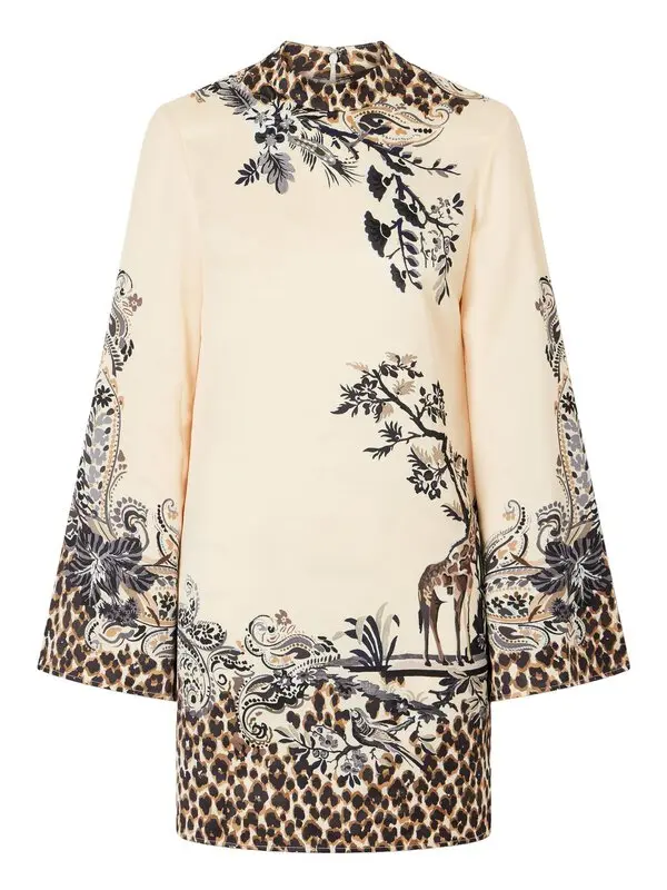 Etro Printed Satin High Neck Mini Dress - Neutrals