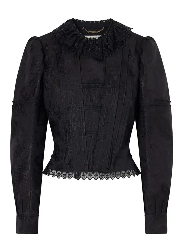 Chloé Ruffled Lace-trimmed Floral-jacquard Jacket - Black