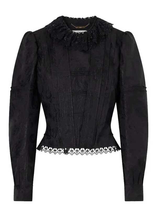 Chloé Ruffled Lace-trimmed Floral-jacquard Jacket - Black