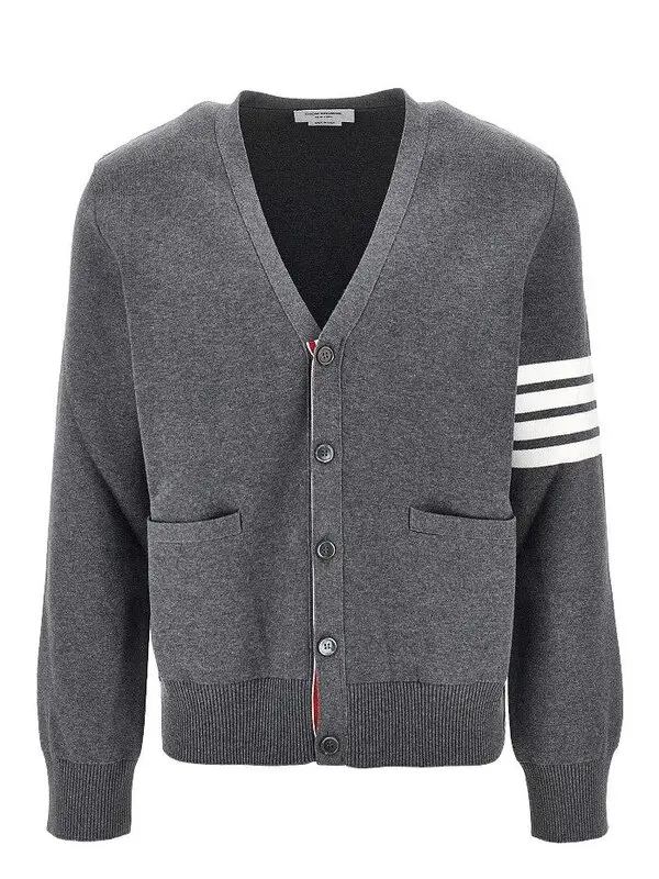 Thom Browne Cotton Cardigan With 4 Bar Detail - Grey