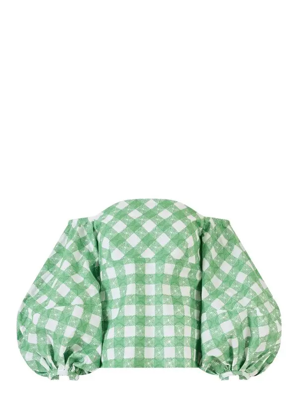 Rosie Assoulin Empire Balloon Sleeve Embroidered Gingham Blouse - Green
