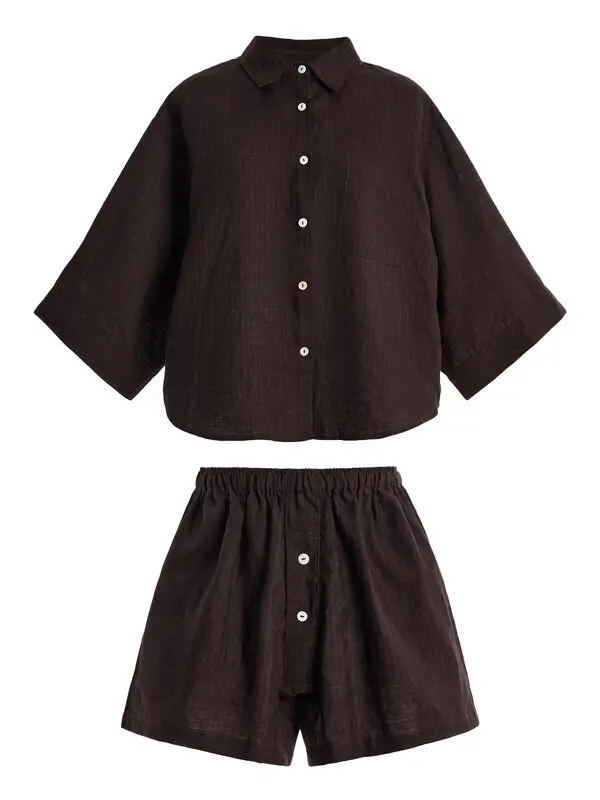 DEIJI STUDIOS 03 Striped Linen Short Set - Brown