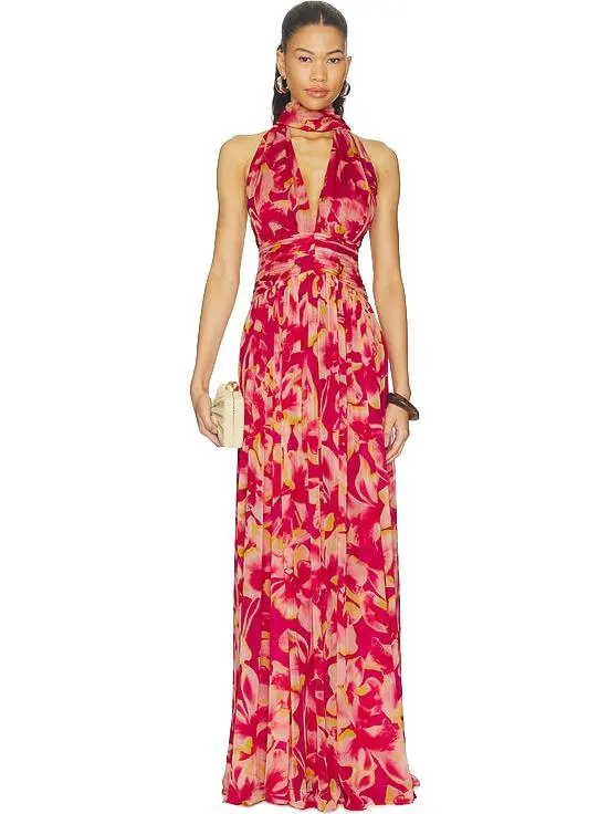 Rococo Sand Ruched Sash Maxi Dress - Cherry