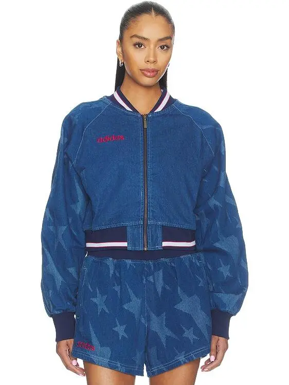 ADIDAS ORIGINALS Superstar Denim Graphic Varsity Bomber Jacket - Medium Blue Denim