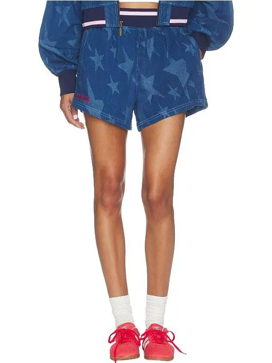 ADIDAS ORIGINALS Denim Graphic Varsity Shorts - Medium Blue Denim