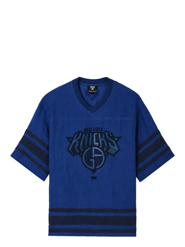 Giorgio Armani Linen T-shirt With Striped Edges And Kith For Knicks Logo - Blue