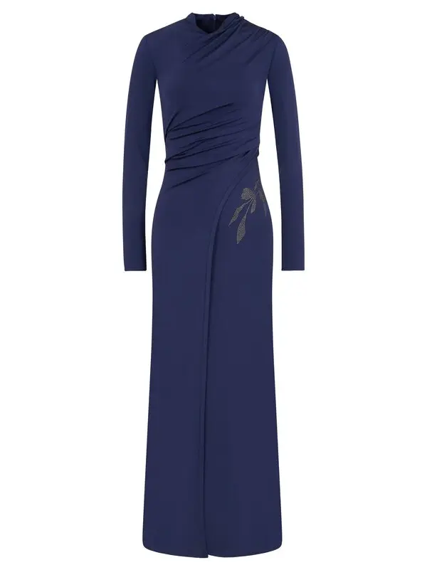 Giorgio Armani Long Dress In Stretch Viscose Jersey With Rhinestone Embellishment - Blue