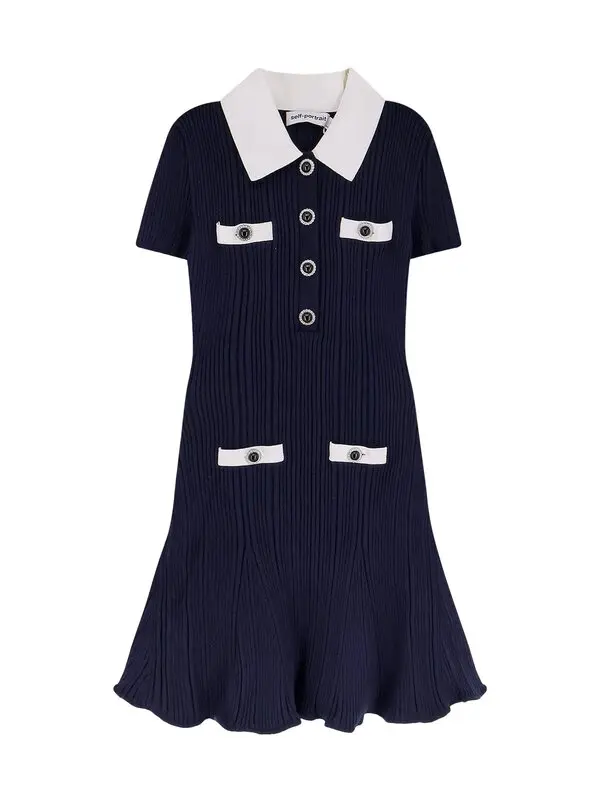 SELF-PORTRAIT Ribbed Mini Dress With Jewel Button Closure - Blue