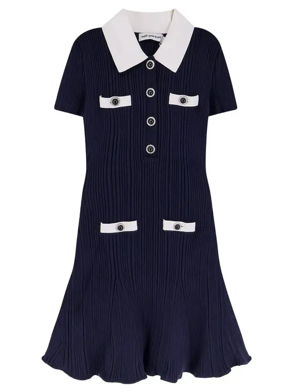 SELF-PORTRAIT Ribbed Mini Dress With Jewel Button Closure - Blue