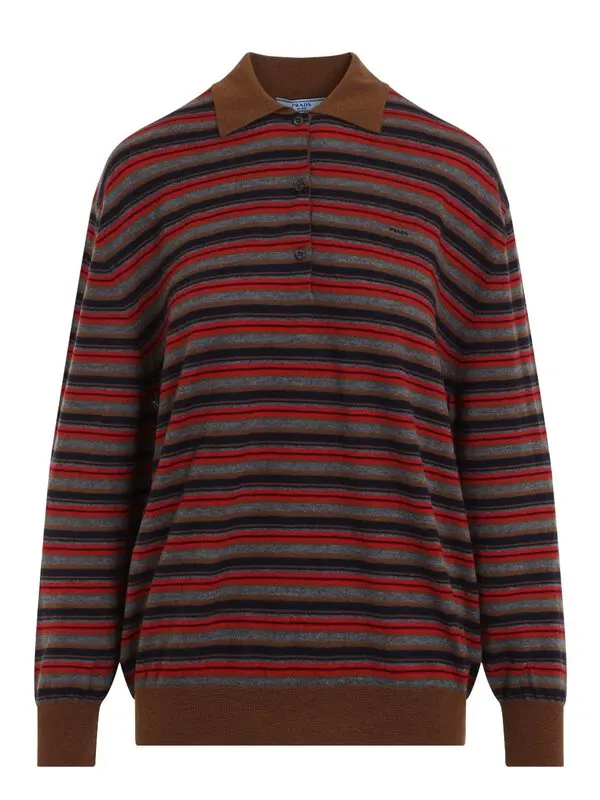 Prada Long-sleeve Cashmere Polo With Multicolour Stripes - Brown