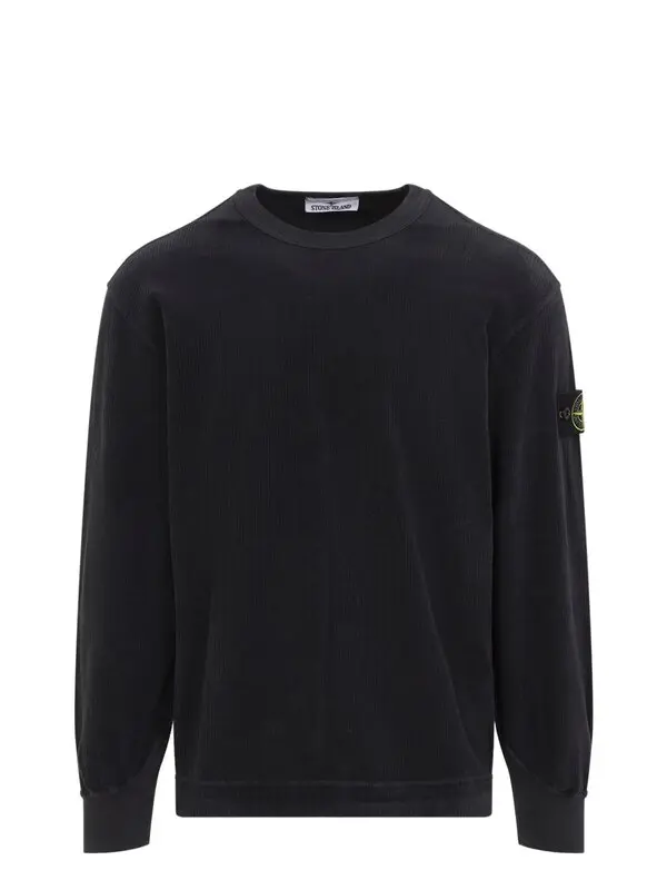 Stone Island Ribbed Cotton Crewneck Sweatshirt With Detachable Compass Badge - Gray