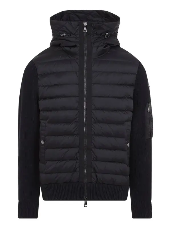 Moncler Quilted Down-filled Front Cardigan With Wool Sleeves - Black