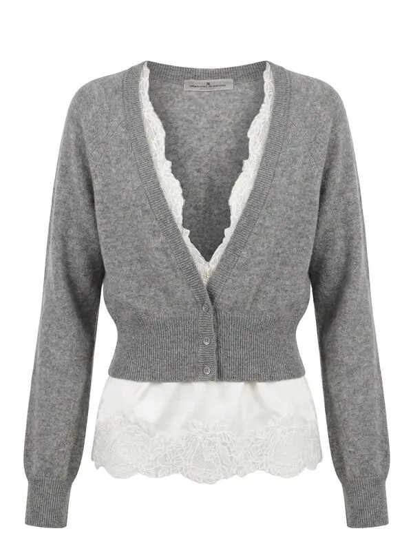 ERMANO SCERVINO White Cashmere Cardigan With Lace Detailing - Multicolor