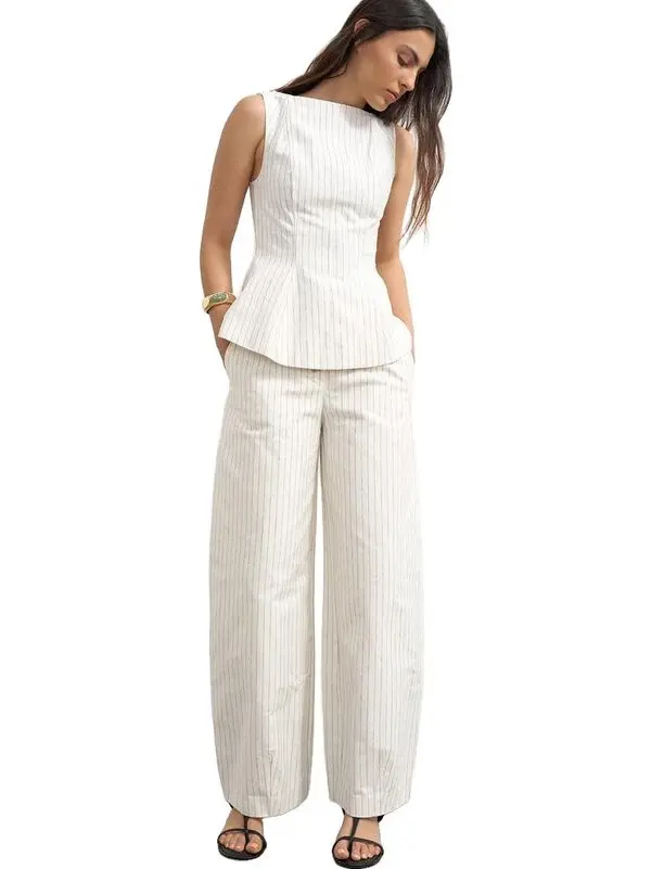 Topshop Striped Barrel Leg Trousers - White