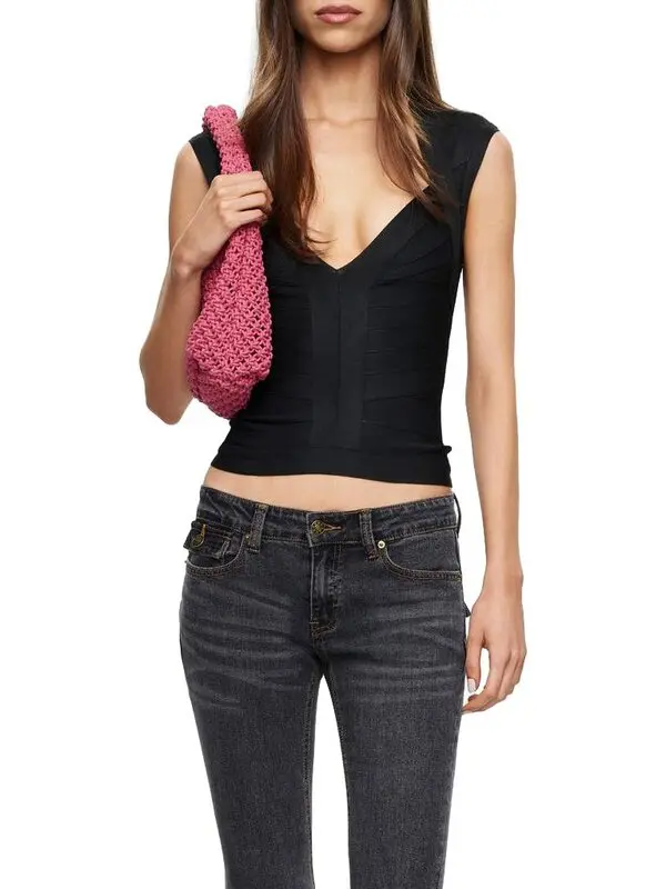 Lioness Princess Tank Plunge Neck Cap Sleeve Top - Noir