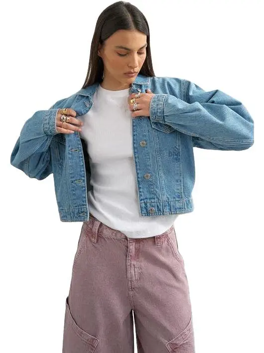 Topshop Cropped Padded Denim Jacket - Lblue