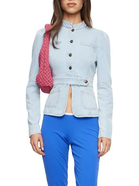 Lioness Brooklyn Denim Jacket With Puffed Shoulders And Band Collar - Light Denim