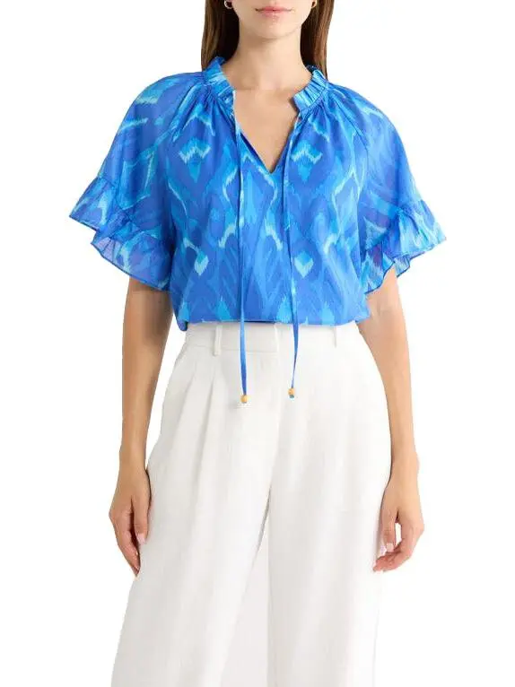 SUGARLIPS Abstract Cotton Split Neck Top - Blues-multi