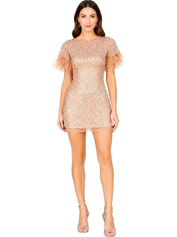 LARA NEW YORK Short Sleeve Cocktail Dress With Feathers And Beading - Champagne