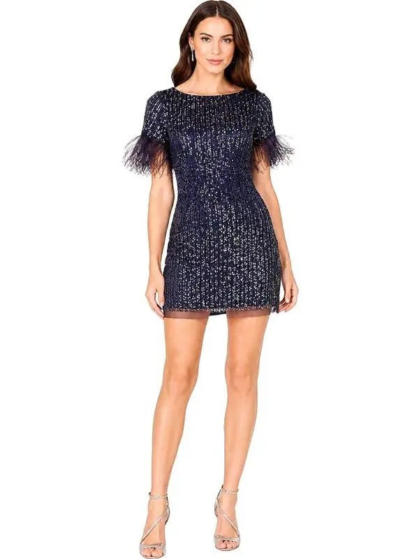 LARA NEW YORK Short Sleeve Cocktail Dress With Feathers And Beading - Navy