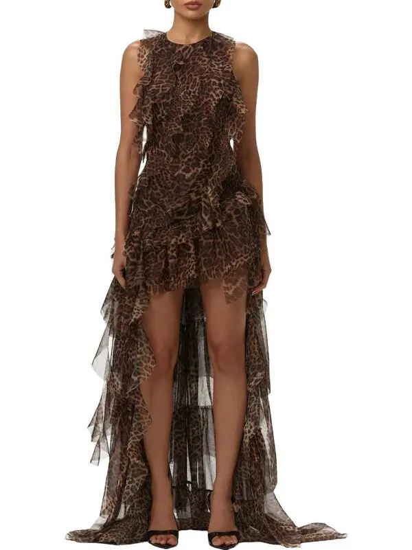 Naked Wardrobe Leopard Print Ruffled Chiffon High-low Dress - Spotted Leopard