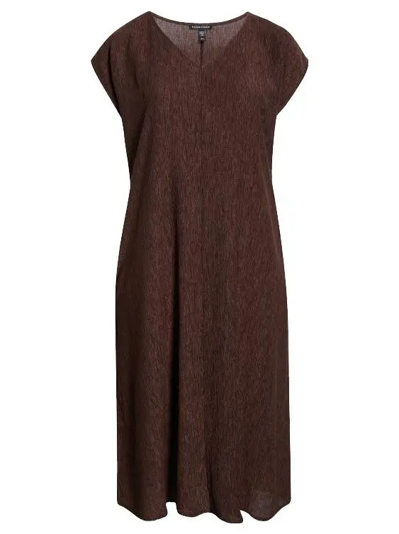 Eileen Fisher V-neck Cap Sleeve Crinkle Dress - Truffle