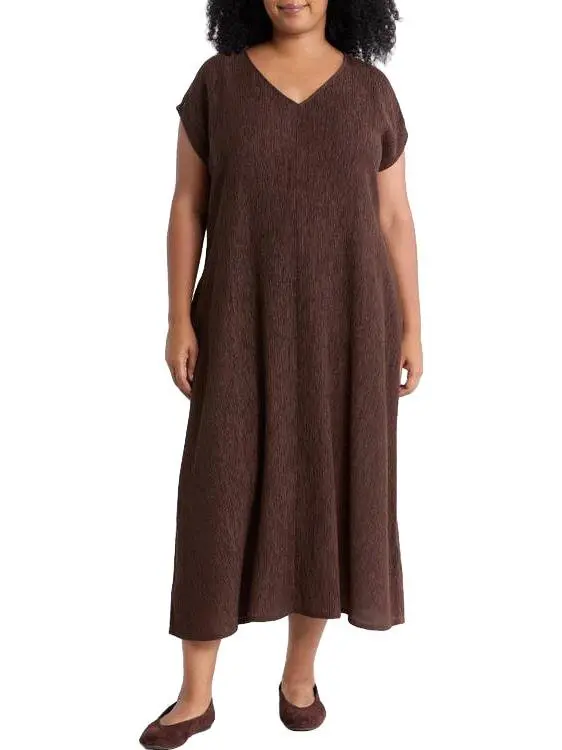 Eileen Fisher V-neck Cap Sleeve Crinkle Dress - Truffle