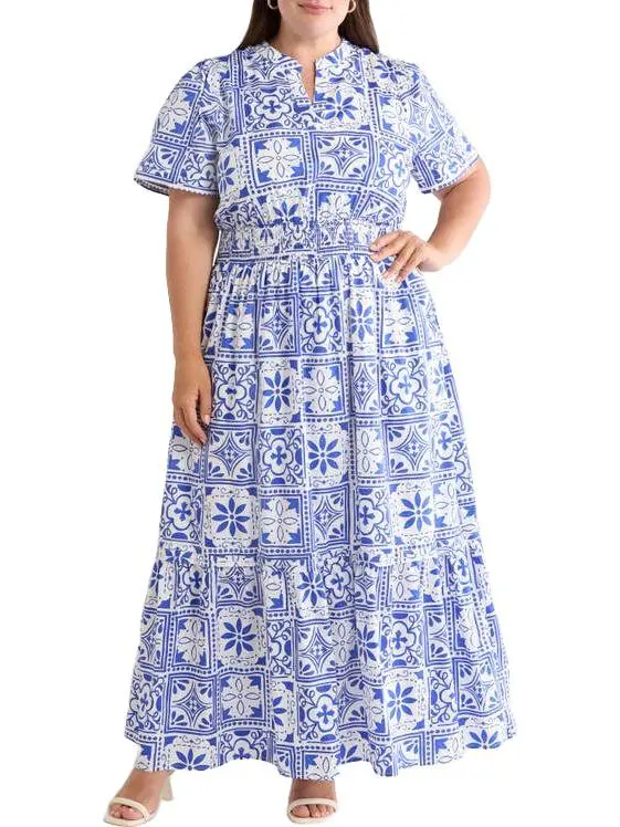 SUGARLIPS Arbor Belraj Floral Tile Cotton Poplin Maxi Dress - Blue/white