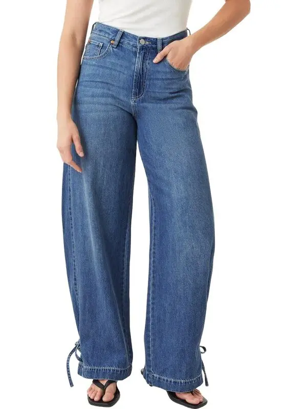 Habitual Relaxed High Waist Barrel Leg Jeans With Tie Hems - Storm