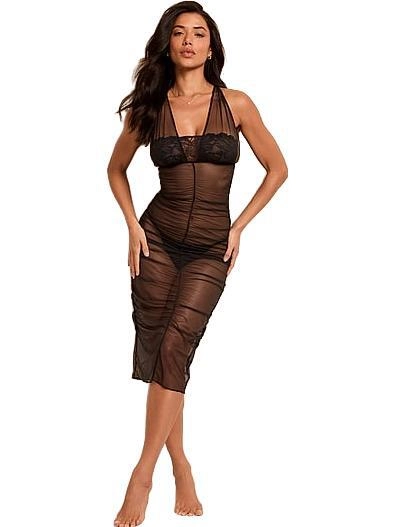 Victoria's Secret Adore Me Sheer Lace & Mesh Ruched Babydoll Dress - Black