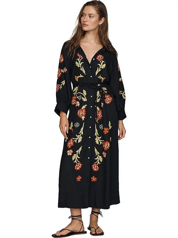 The Great. Embroidered Midi Shirt Dress - Black