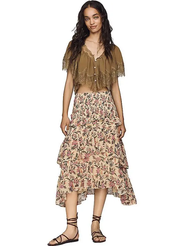 Anthropologie Tiered Midi Skirt - Yellow Pattern