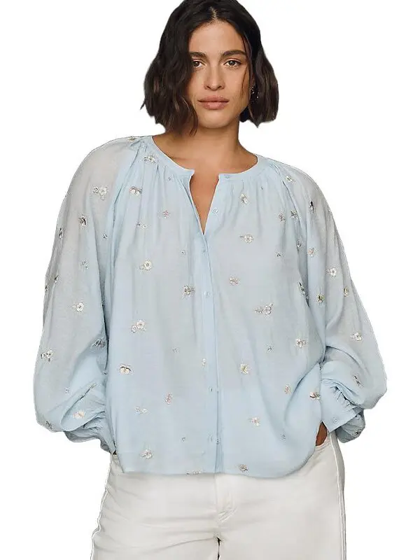 English Factory Embroidered Billowy Top - Light Blue
