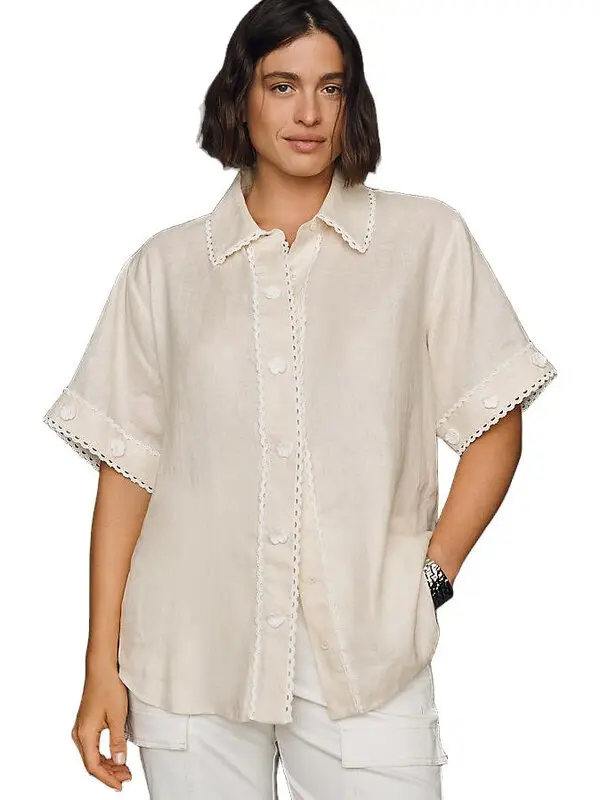 English Factory Linen Buttondown Shirt With Scalloped Crochet Trim - Beige