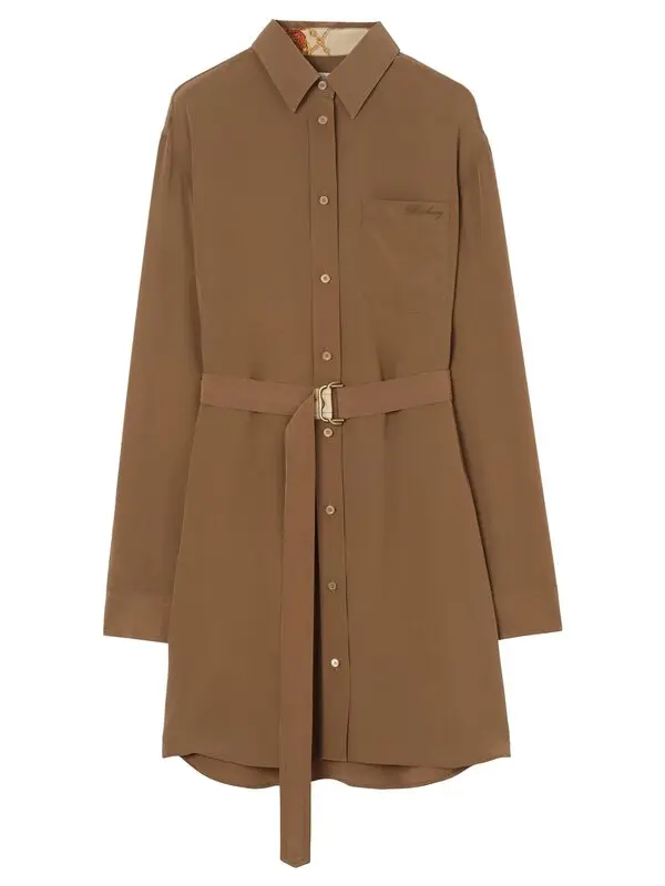 Burberry Silk Crepe De Chine Mini Shirt Dress With Charm Print Belt - Brown