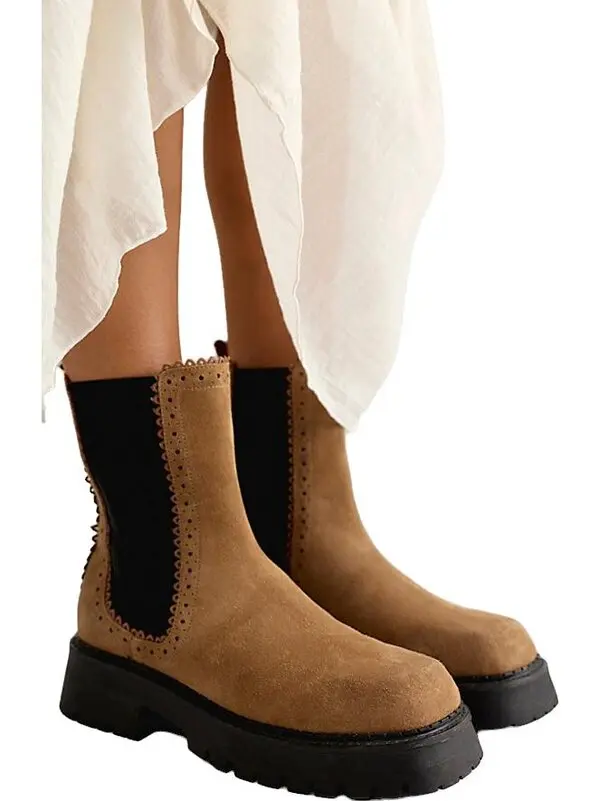 Free People Brogue Chelsea Boots - Camel Suede