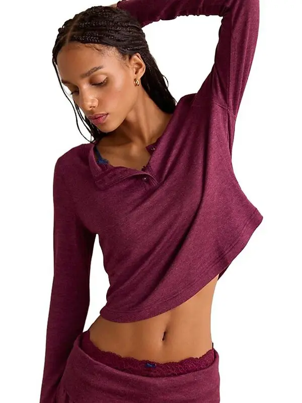 Free People Dream State Henley Top - Maroon Heather