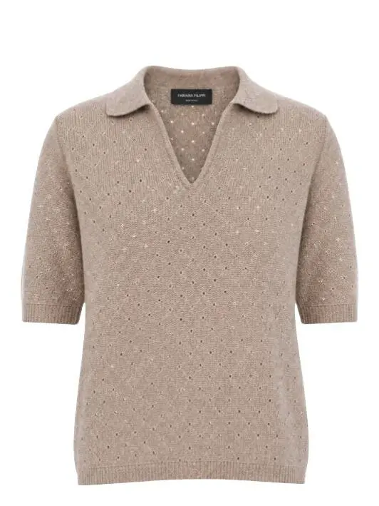 Fabiana Filippi Lapel V-neck Short-sleeved Sweater - Nude